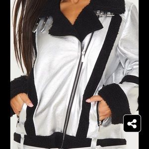 PrettyLittleThing | Jackets & Coats | Silver Aviator Jacket With Black ...